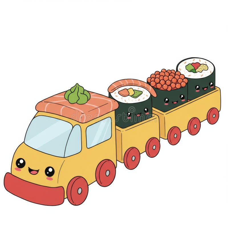 Cute Cartoon Sushi Train Illustration Stock Illustration - Illustration ...