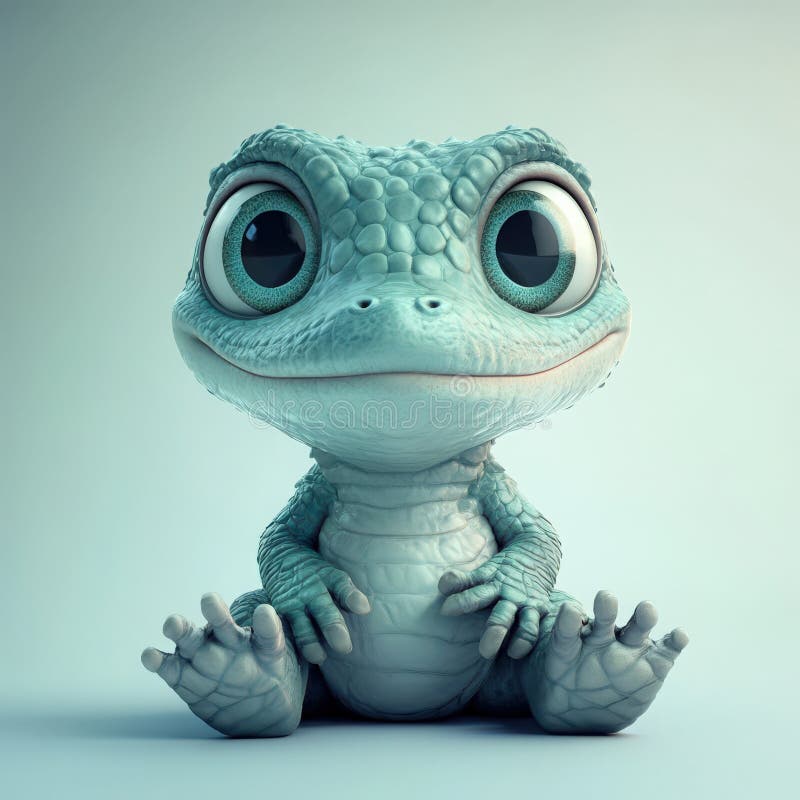 Cute Cartoon Teal Gecko with Large Eyes Sitting on Light Teal ...