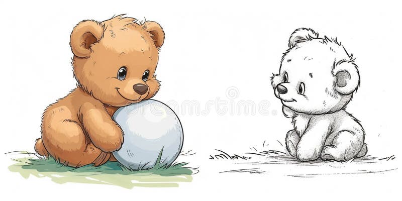 A Cute Cartoon Teddy Bear Playing with a Ball, Alongside a Sketch of a ...