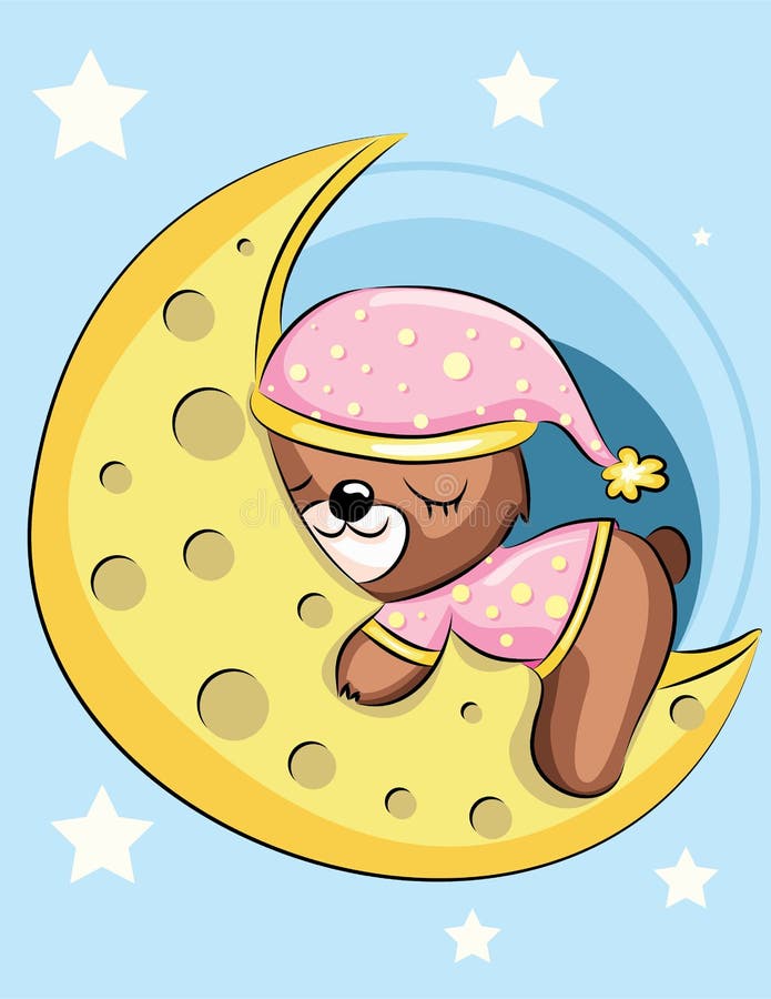 Cute Cartoon Teddy Bear Is Sleeping On The Moon Vector Illustration Of