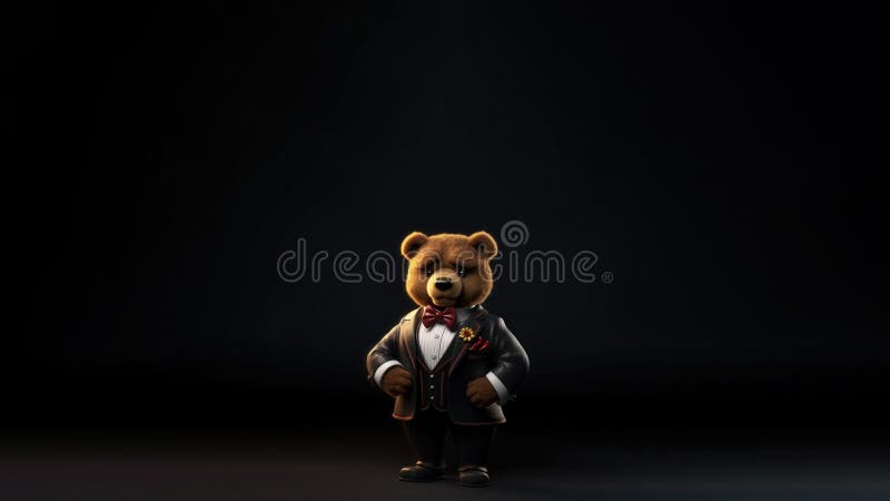 A Cute Cartoon Teddy Bear in Suit Character Designs Black Background ...