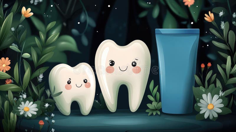 Cute Cartoon Teeth Characters with Toothpaste in a Whimsical Floral ...