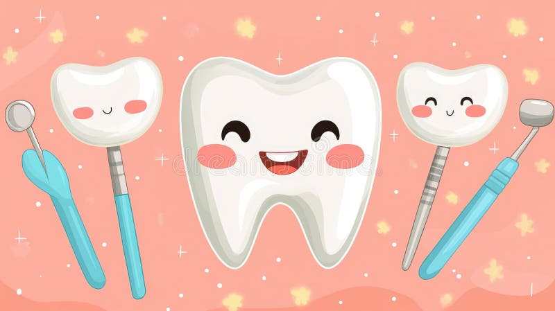 Cute Cartoon Teeth with Dental Tools on Pink Background Stock ...