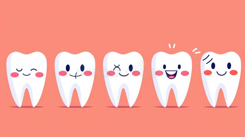 Cute Cartoon Teeth with Different Expressions on a Pink Background ...