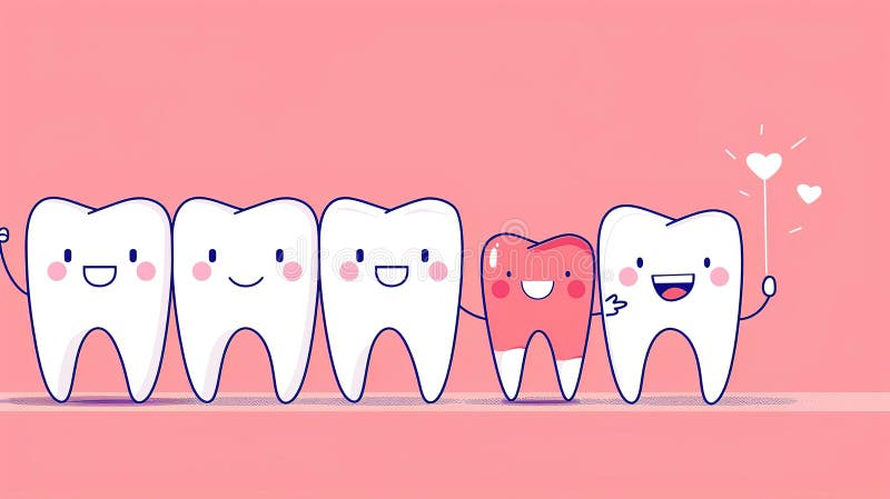Cute Cartoon Teeth with a Red Tooth in the Middle Stock Illustration ...