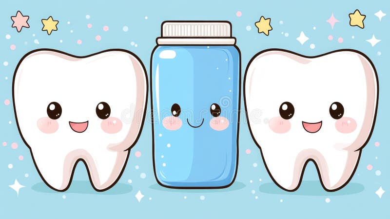 Cute Cartoon Teeth with Toothpaste Jar Surrounded by Stars on a ...