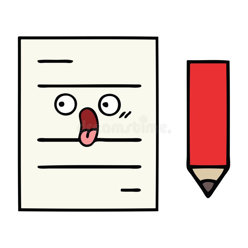 Cartoon Test Paper Exam Work Pencil Cute Illustration Retro Freehand ...