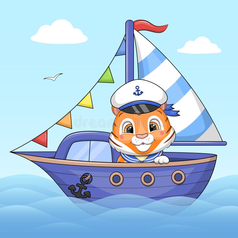 Cute Cartoon Tiger Captain on the Ship. Stock Vector - Illustration of ...
