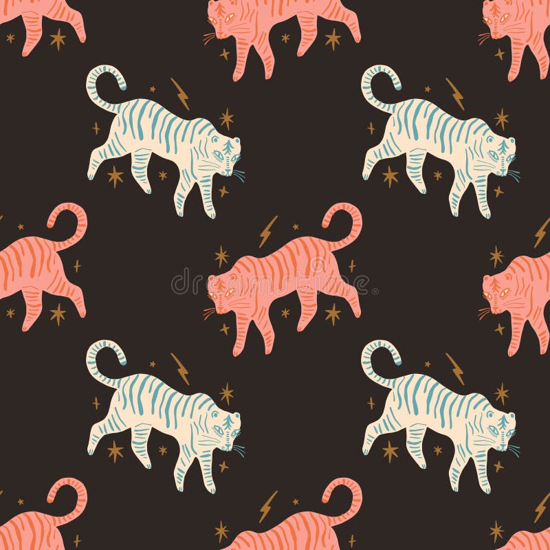 Cute Cartoon Tiger Seamless Pattern. Vector Art Stock Illustration ...