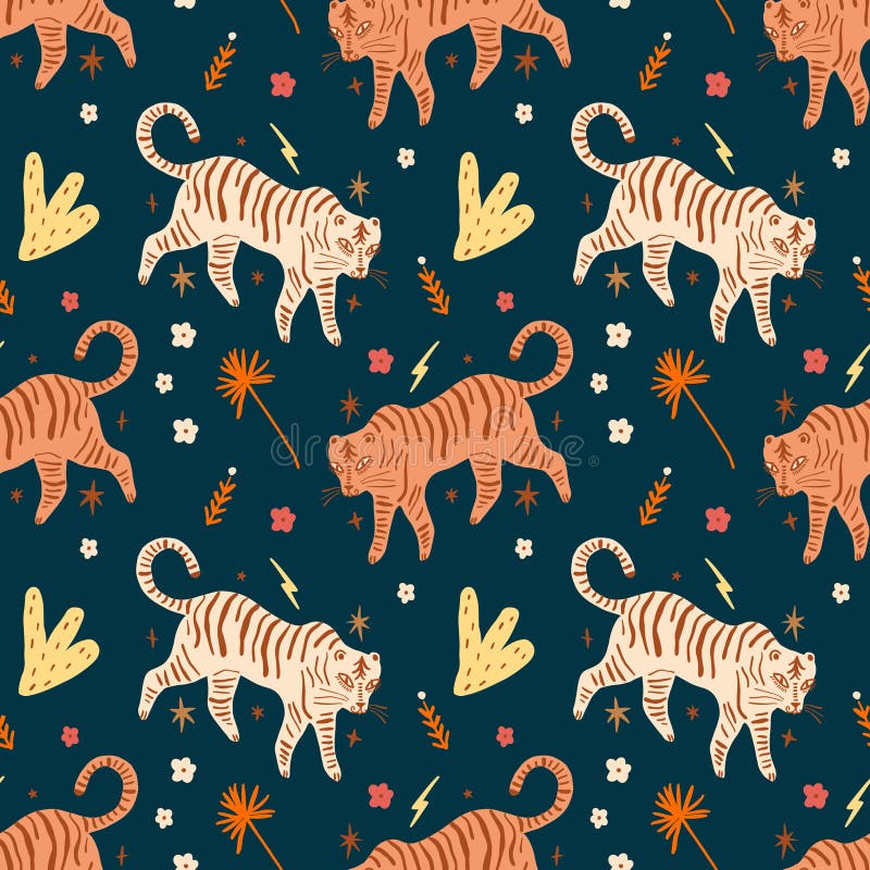 Cute Cartoon Tiger Seamless Pattern. Vector Art Stock Illustration ...