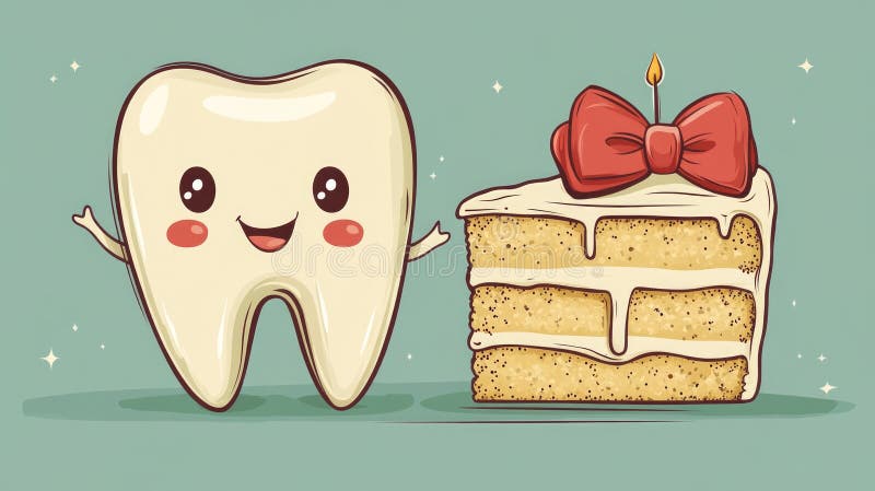 Cute Cartoon Tooth Celebrating with Smiling Cake Slice and Candle Stock ...