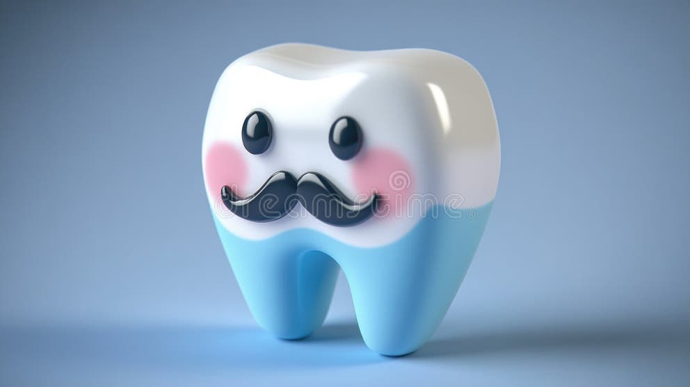 Cute Cartoon Tooth with Mustache and Cheeks on Blue Background Stock ...