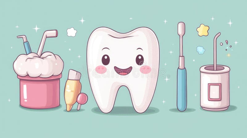Cute Cartoon Tooth Surrounded by Dental Tools on Teal Background Stock ...