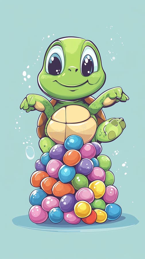 A Cute Cartoon Turtle Balancing on a Colorful Stack of Balls, Exuding ...