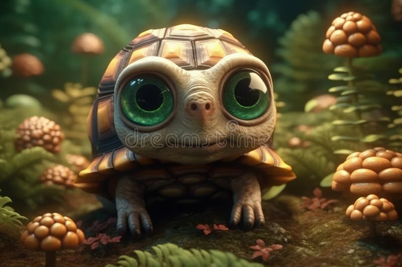 Cute Cartoon Turtle Cat with Very Big Eyes Magic Forest. Generative AI ...