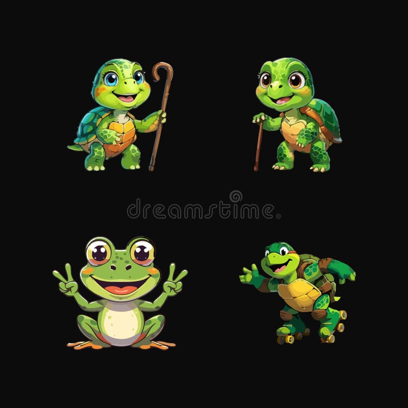 Cute Cartoon Turtle and Frog Characters Collection Stock Vector ...