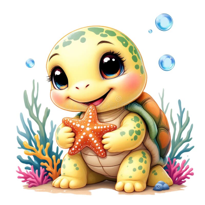 A Cute Cartoon Turtle with Large Eyes is Happily Holding a Starfish ...