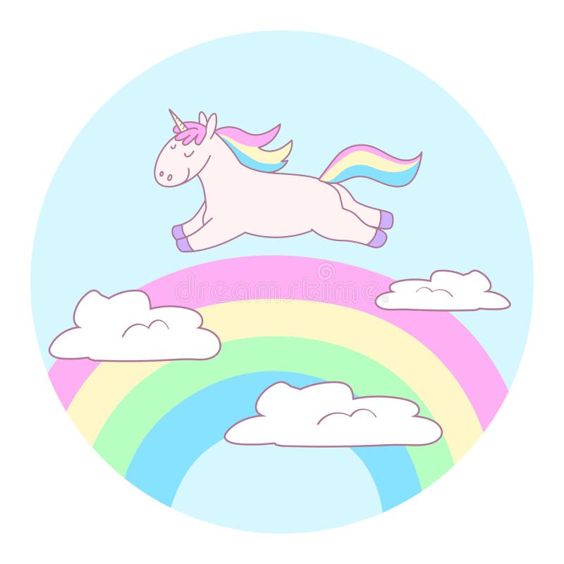Cute Cartoon Unicorn is Flying Over the Rainbow Stock Vector ...