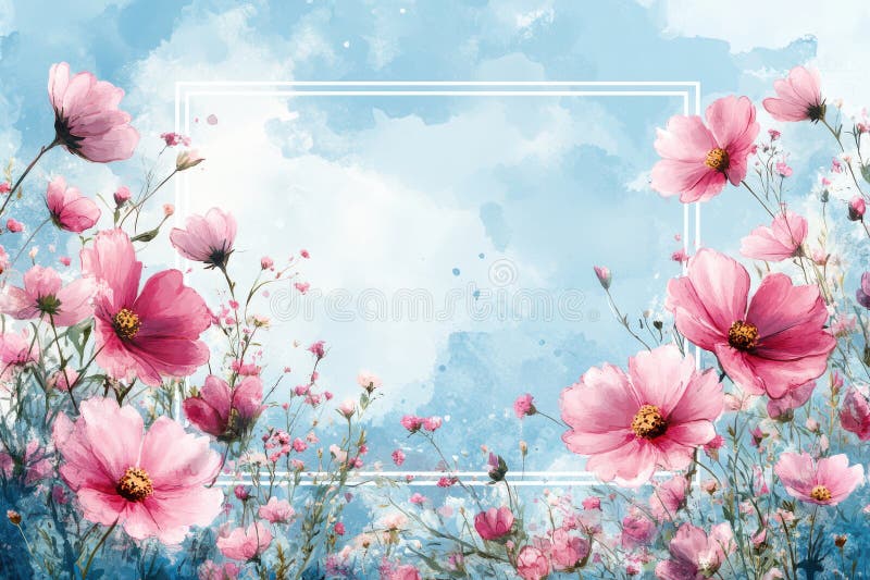 Cute Cartoon Vector Style Landscape Frame Border with Pink Flowers and ...