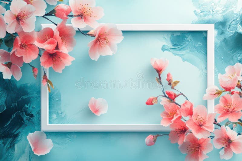 Cute Cartoon Vector Style Landscape Frame Border with Pink Flowers and ...