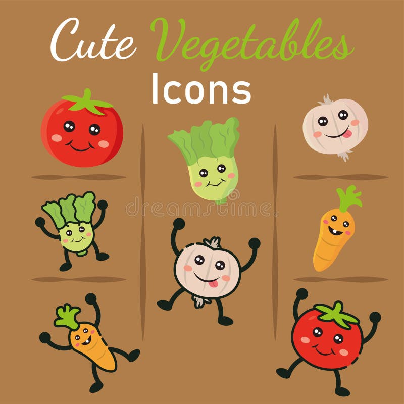 Cute Cartoon Vegetable Icons with Happy Faces Vector Stock Vector ...