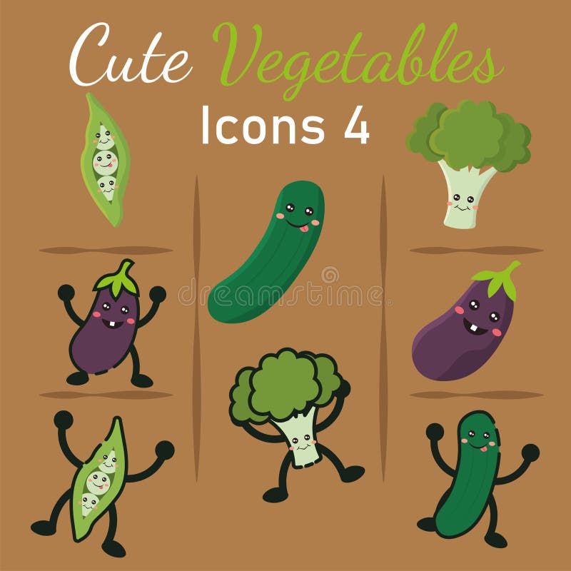 Cute Cartoon Vegetable Icons with Happy Faces Vector Stock Illustration ...