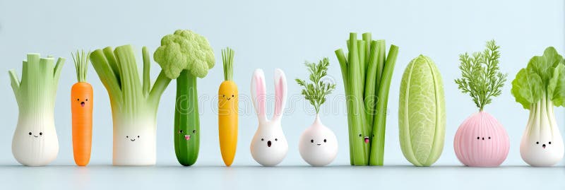 Cute Cartoon Vegetables with Faces in a Row on a Blue Background Stock ...
