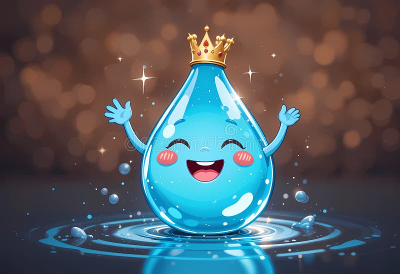 Cute Cartoon Water Drop with Crown, Joyful Expression Stock ...