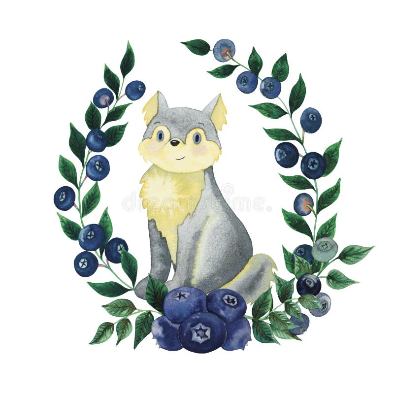 Cute Cartoon Watercolour Wolf with Blueberry Wreath Stock Illustration ...