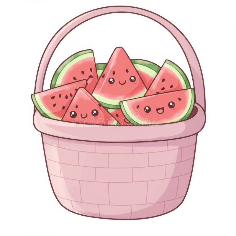 Cute Cartoon Watermelon Slices in Pink Basket Stock Illustration ...