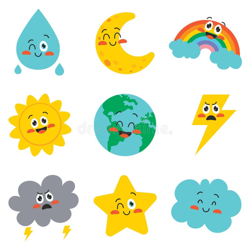 Cute Cartoon Weather Characters Posing Stock Vector - Illustration of ...