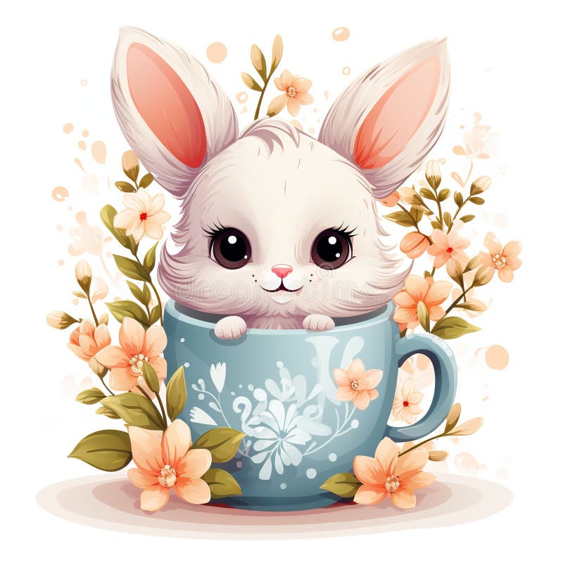 Cute Cartoon White Bunny in a Tea Cup Surrounded by Flowers on White ...