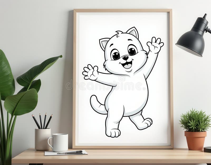 Cute Cartoon White Cat Drawing in Modern Frame on Office Desk Stock ...