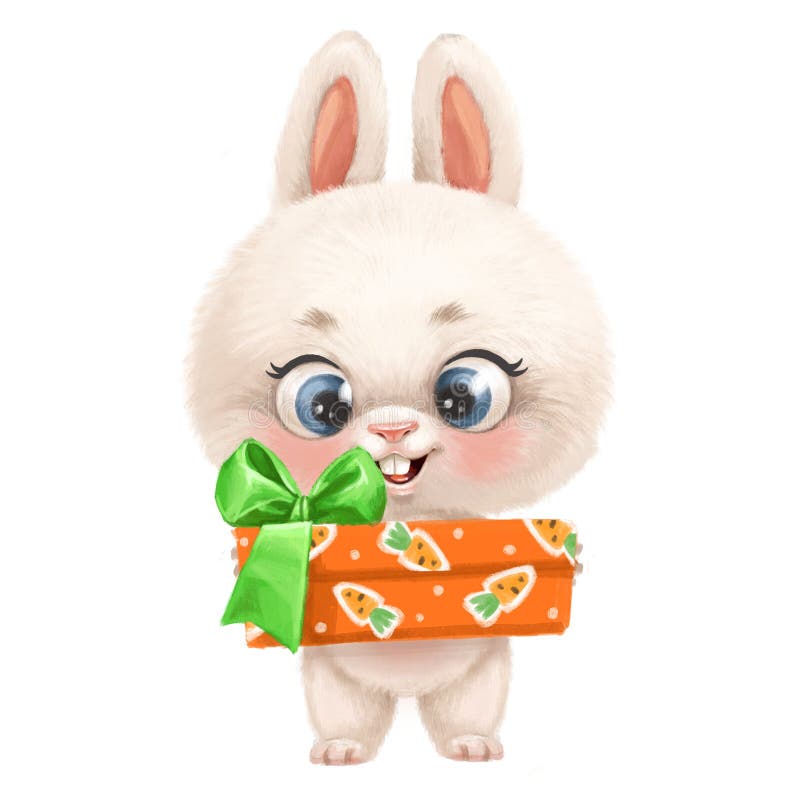 Cute Cartoon White Rabbit with Gift in Box Stock Illustration ...