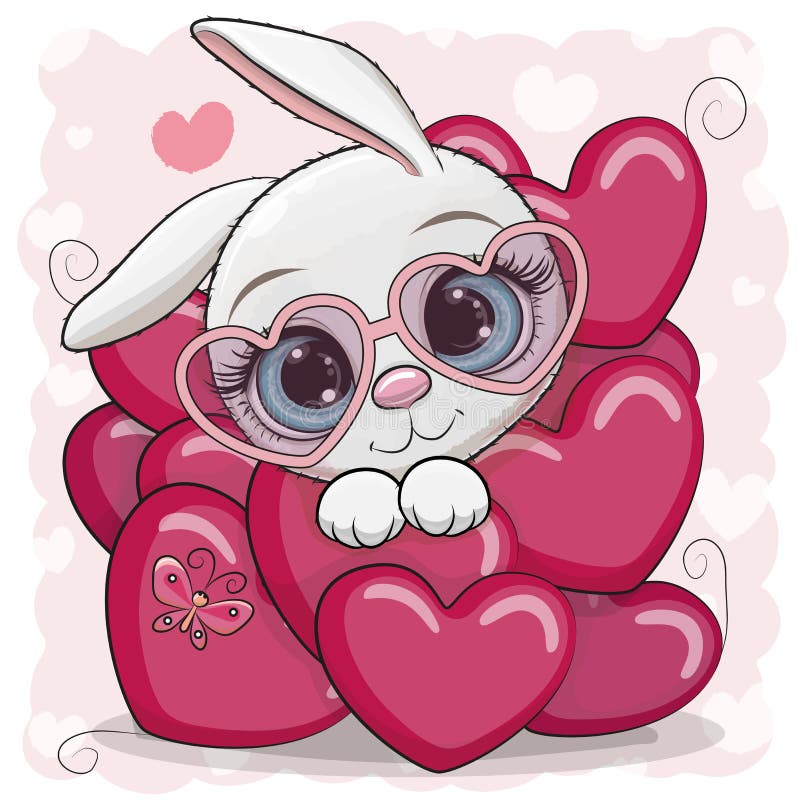 Cute Cartoon White Rabbit in Hearts Stock Vector - Illustration of ...