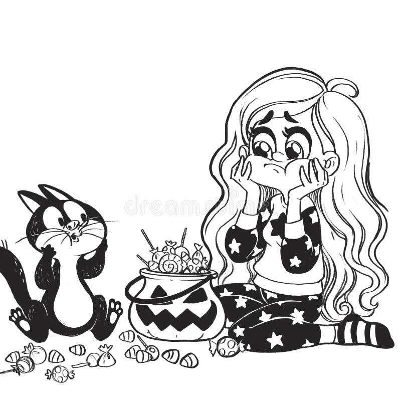 Cute Cartoon Witch and Cat are they Ate Too Much Candy and Their Teeth ...