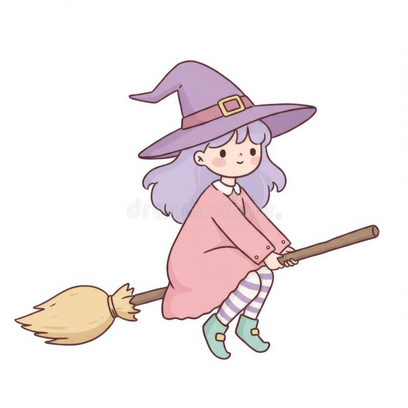 Cute Cartoon Witch Flying on a Broom Stock Illustration - Illustration ...