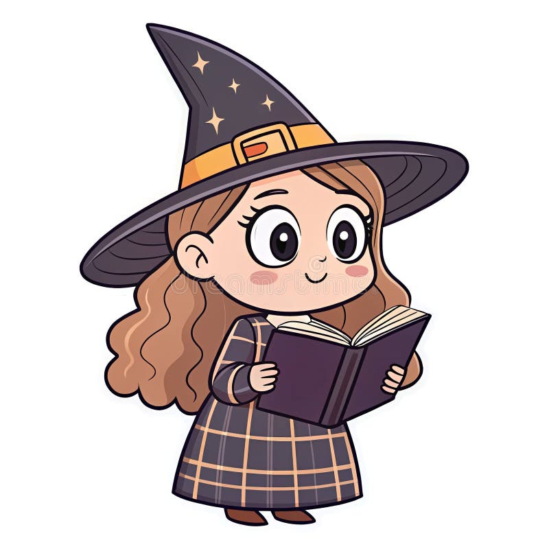 Cute Cartoon Witch Reading Book with Starry Hat for Halloween and ...