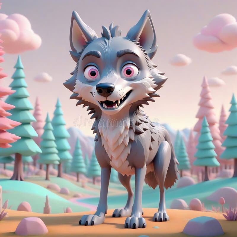 Cute Cartoon Wolf in a Pastel Forest Stock Illustration - Illustration of cartoon, render: 348783301