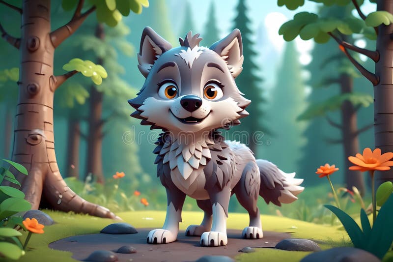 A Cute Cartoon Wolf Standing in a Forest Stock Illustration ...