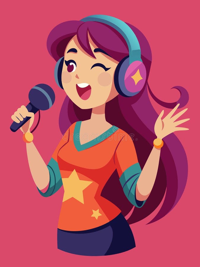 Cute Cartoon Woman Singing with Microphone. Illustration Stock ...