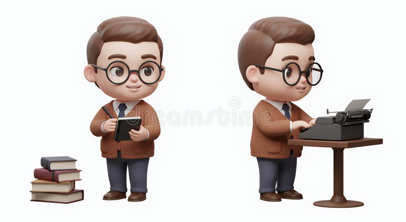 Cartoon Writer Character Writing Notes and Typing on a Typewriter Stock ...