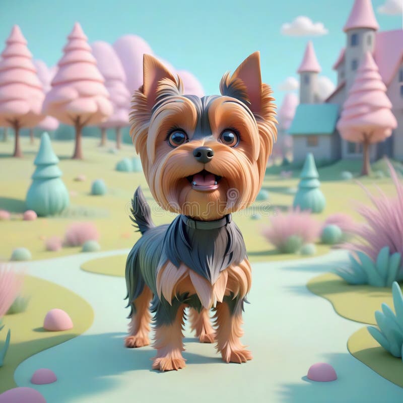 Cute Cartoon Yorkshire Terrier Puppy Standing in Front of a Castle ...