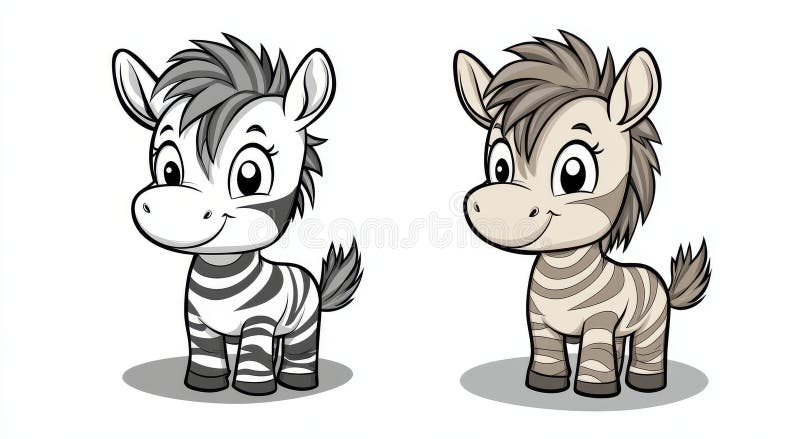 Cute Cartoon Zebra Design with Both Outline and Colored Versions Stock ...
