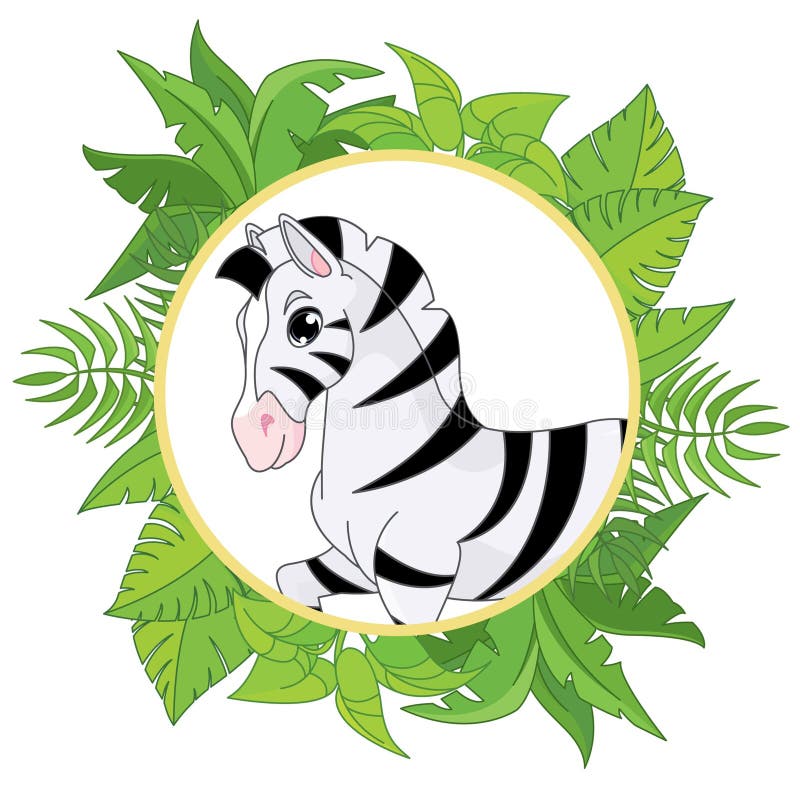Cute Cartoon Zebra with Tropical Leaves Stock Vector - Illustration of ...