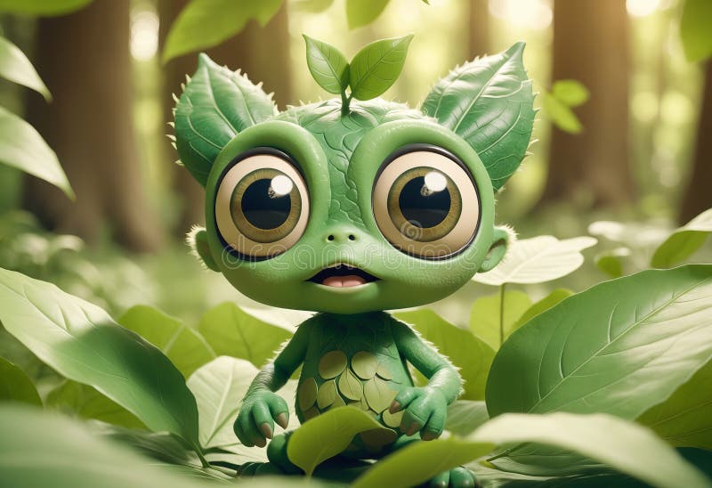 A Cute, Cartoonish Green Creature with Large Eyes Stock Illustration ...