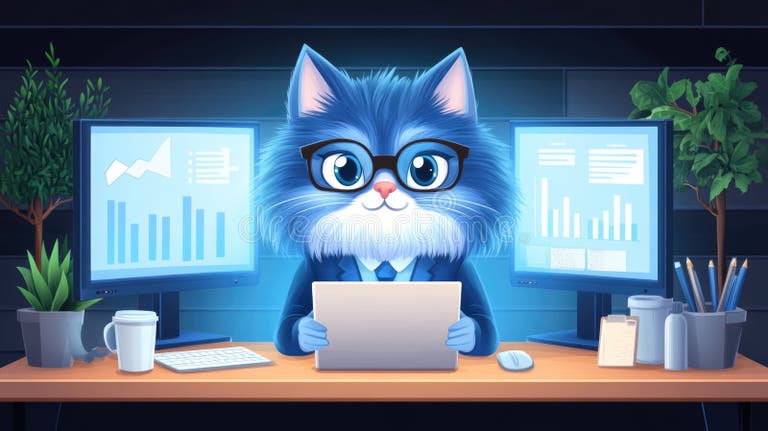 Cute Cat Analyst in Office Analyzing Data on Dual Monitors Stock ...