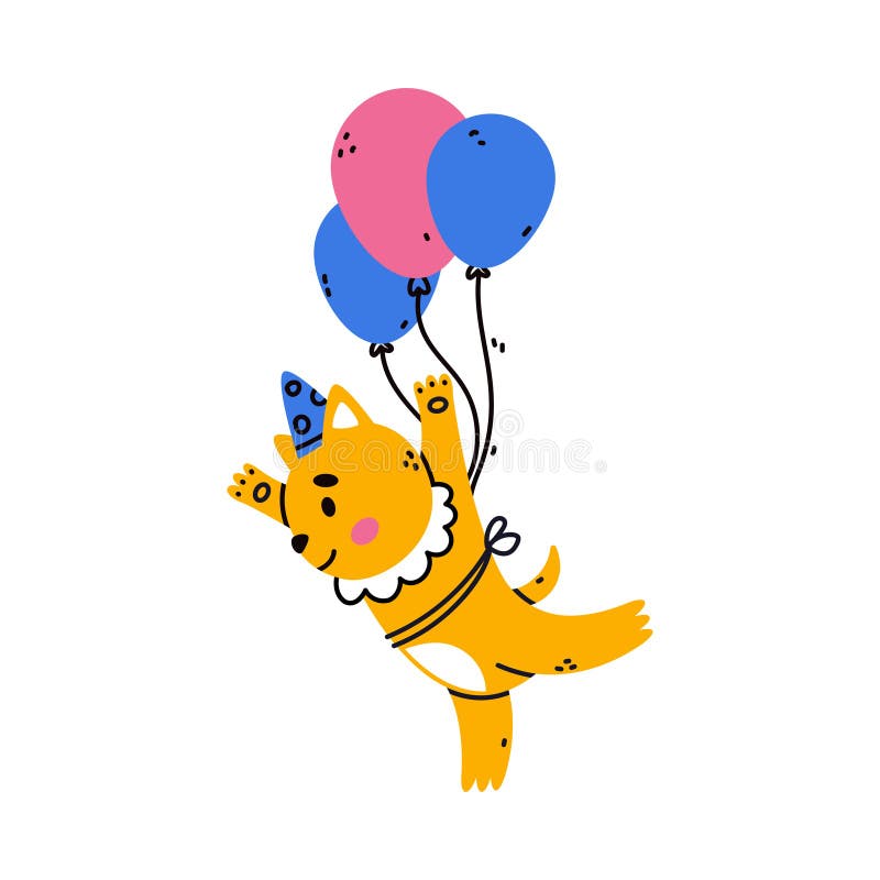 Cute Cat Animal Flying with Balloon Floating in the Air Vector ...