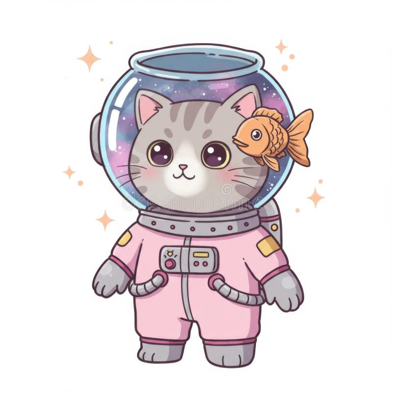 Cute Cat Astronaut with Fish in Space Helmet Stock Illustration ...