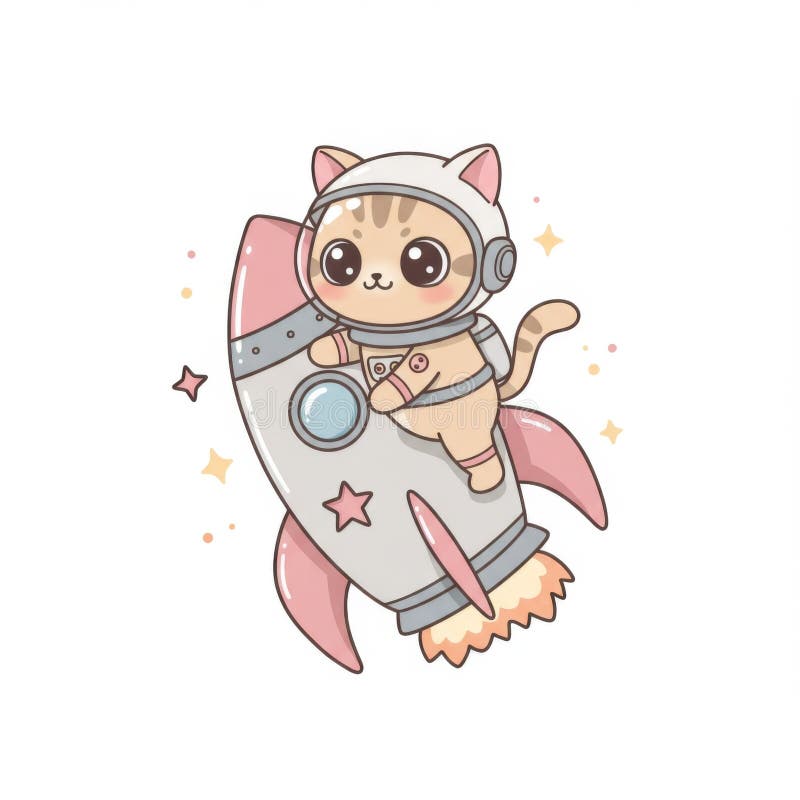 Cute Cat Astronaut on Pink Rocket in Space Stock Illustration ...